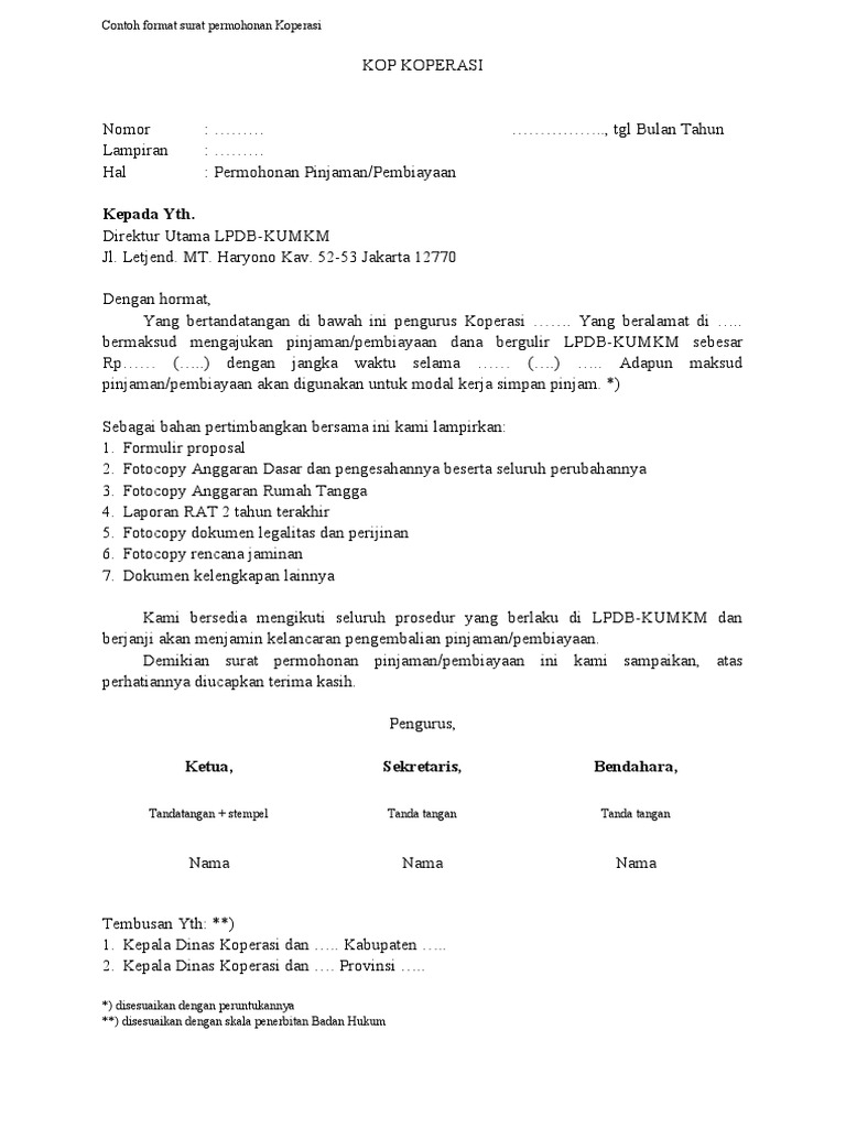 Contoh Format Surat Permohonan Koperasi | PDF