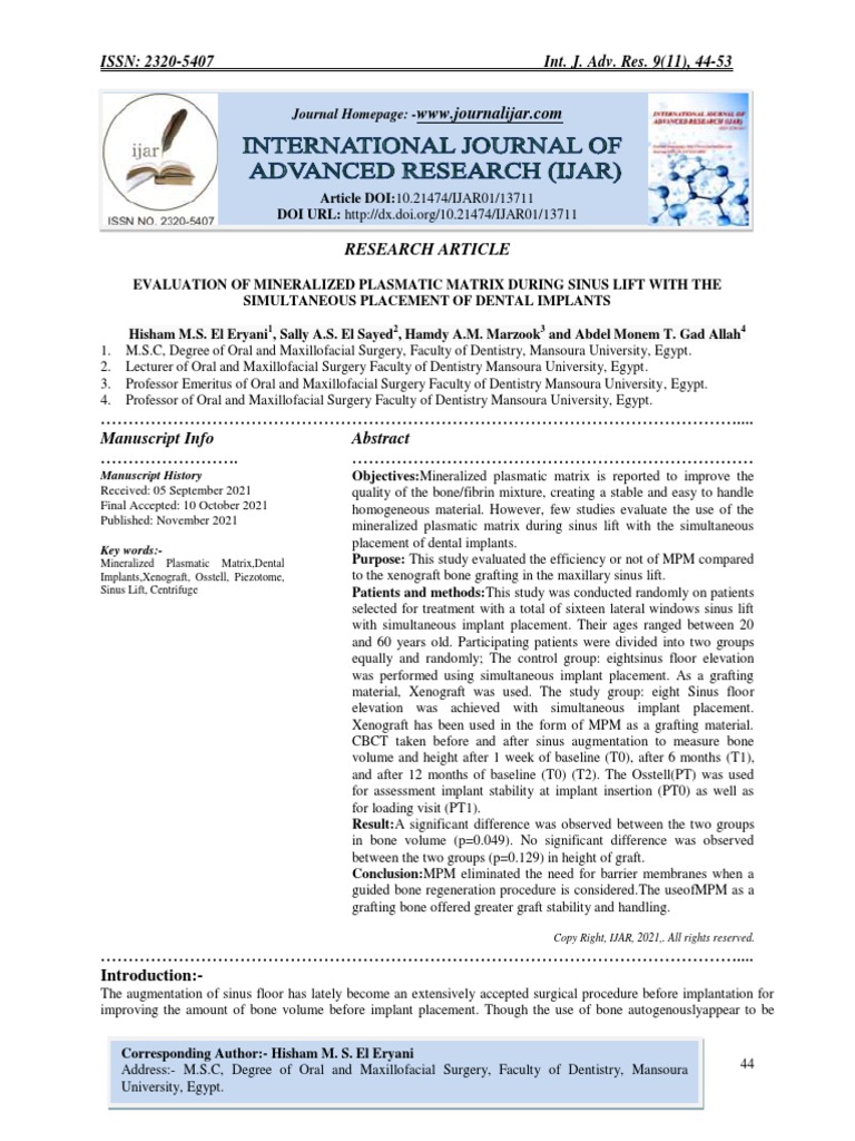Evaluation of Mineralized Plasmatic Matrix During Sinus Lift With The ...