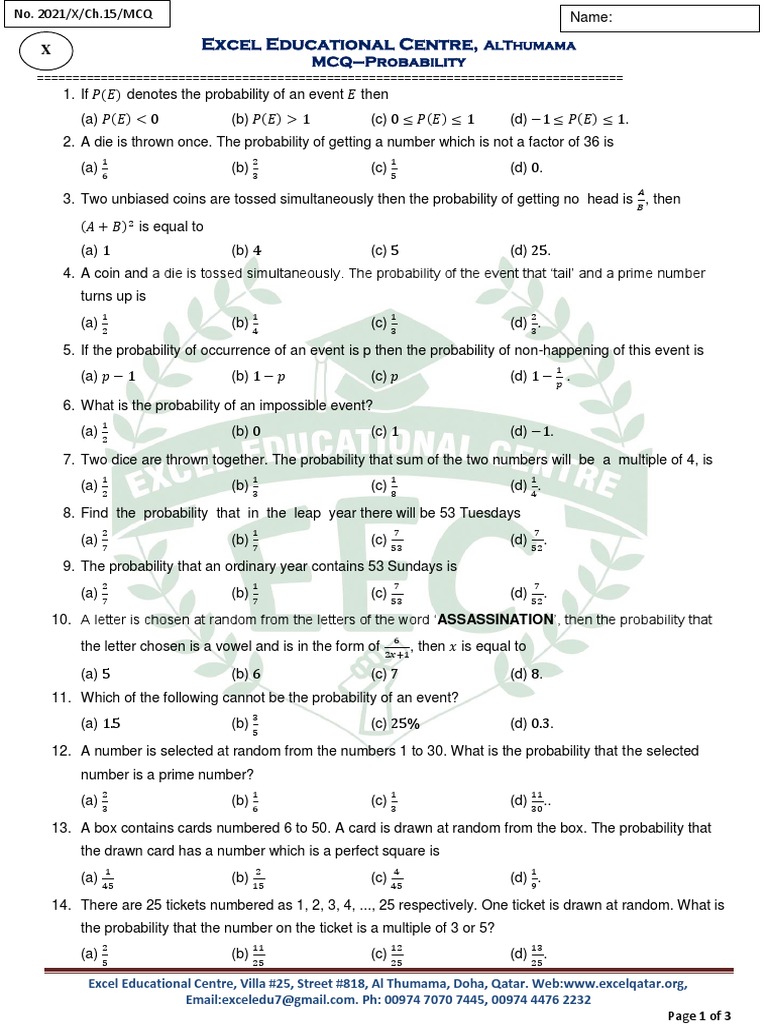 Probability MCQ | PDF | Probability | Mathematics