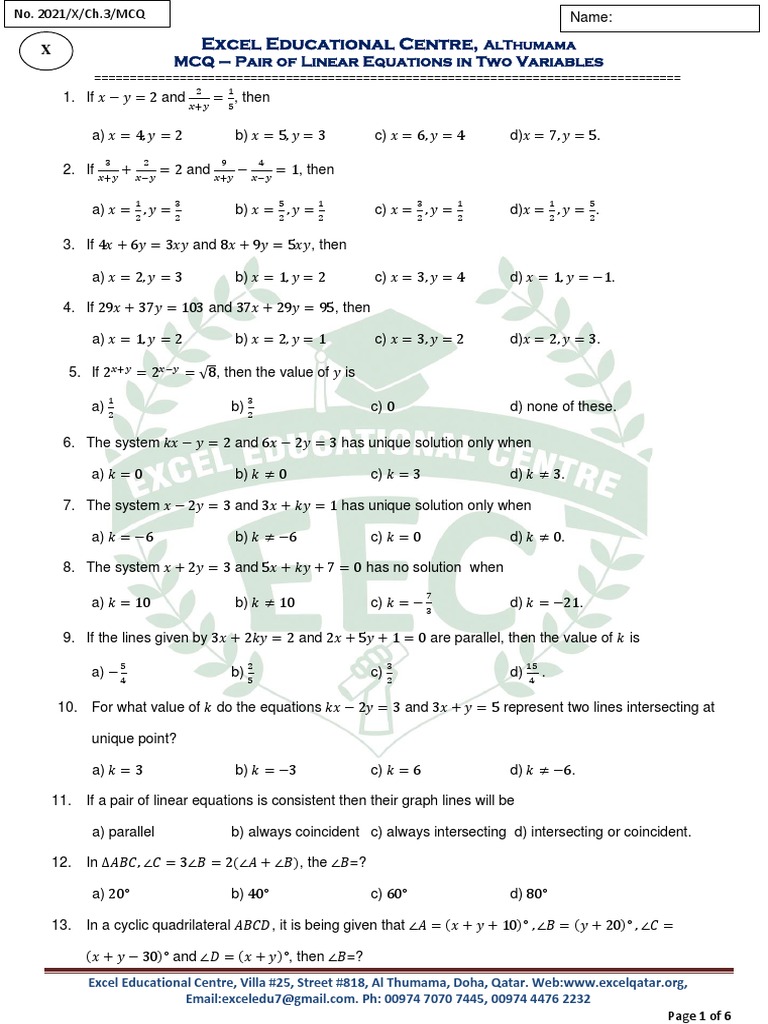 Linear Equations MCQ | Download Free PDF | Mathematics | Mathematical ...