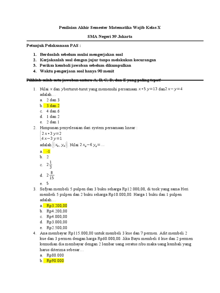 PAS Matematika Wajib Kelas X IPS 2020 | PDF