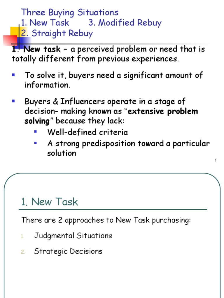Three Buying Situations 1. New Task 3. Modified Rebuy 2. Straight Rebuy ...