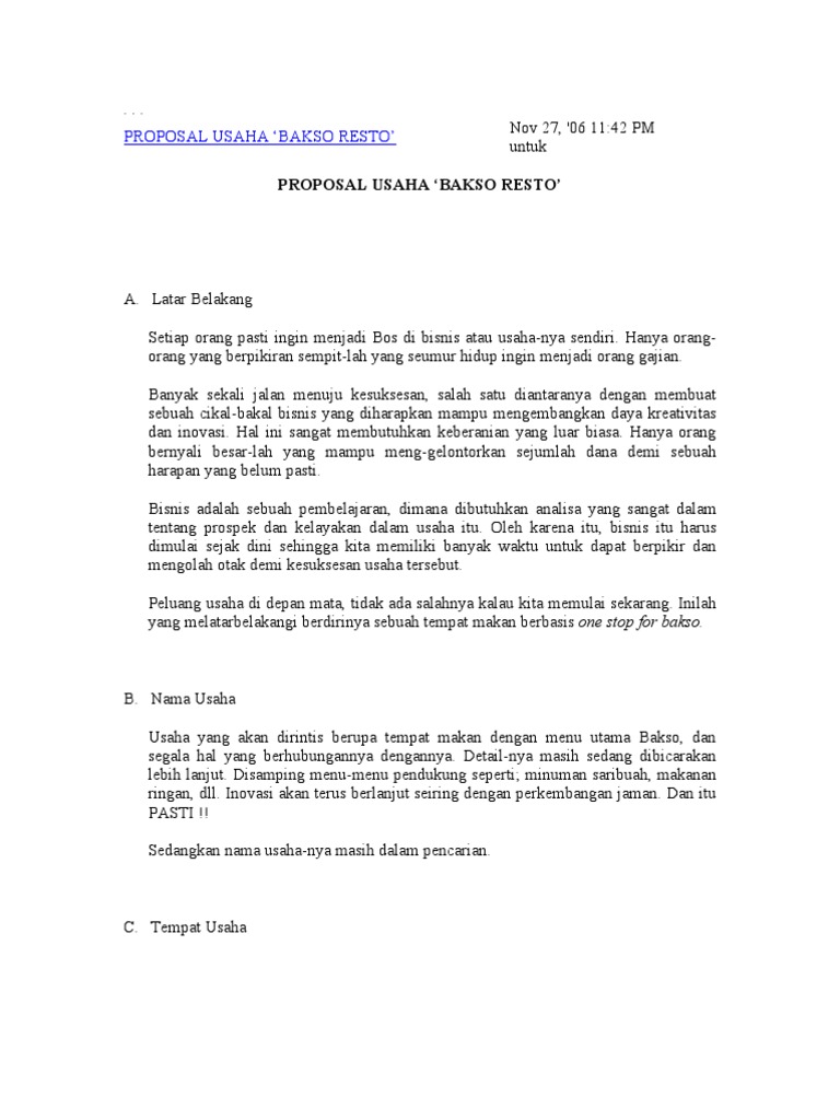 Proposal Usaha Bakso Resto | PDF | Karier & Perkembangan
