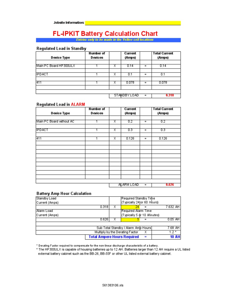 FL-IPKIT Battery Calculation Chart: Regulated Load in Standby ...