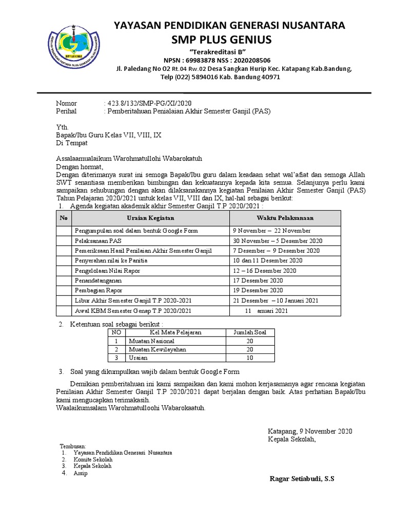 Surat Pembuatan Soal PAS SMP | PDF