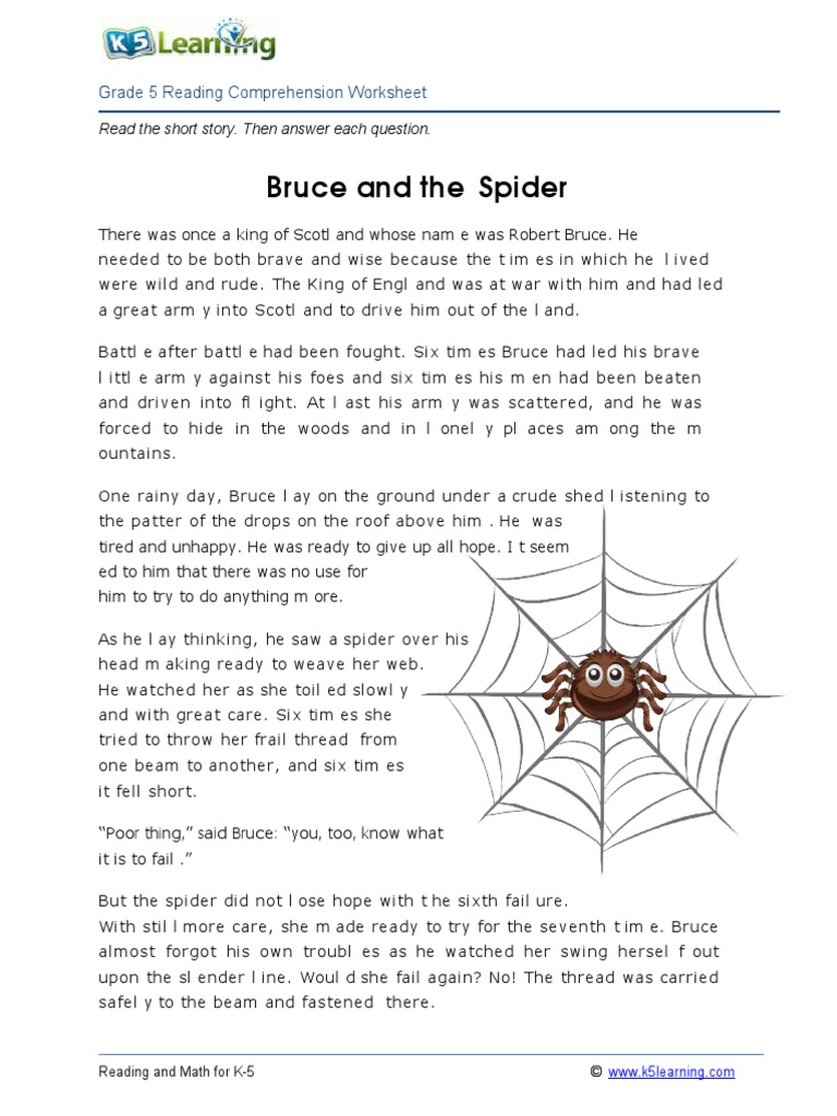 Bruce and The Spider: Grade 5 Reading Comprehension Worksheet | PDF ...