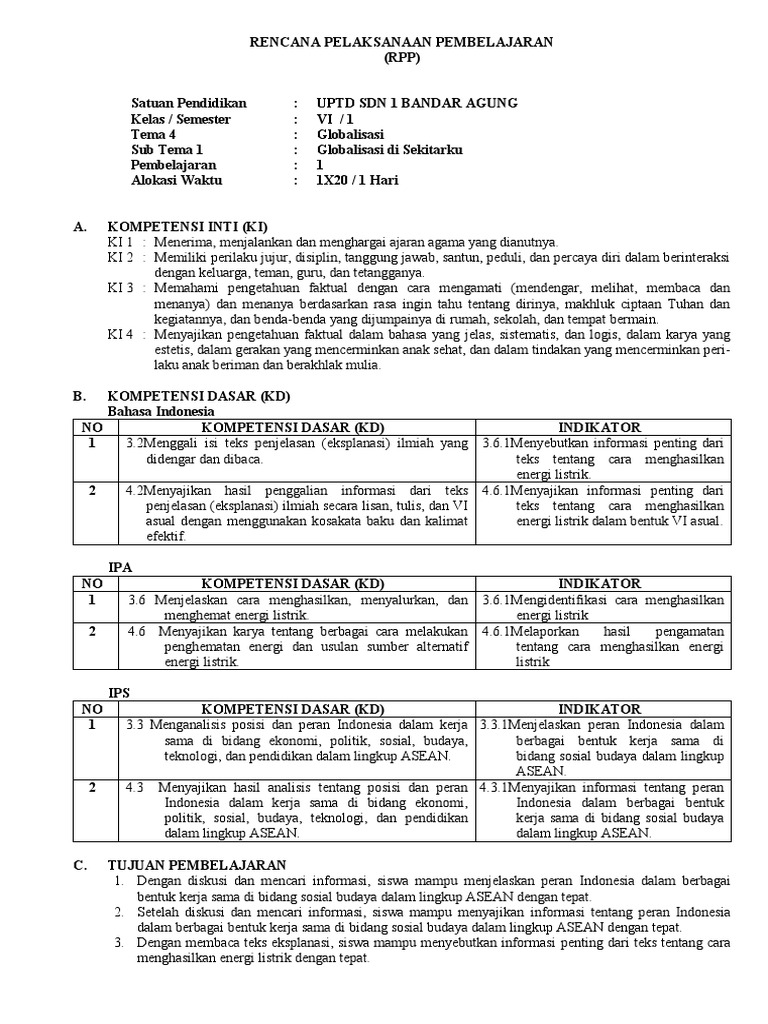 RPP Tema 4 Kelas | PDF | Sains & Matematika