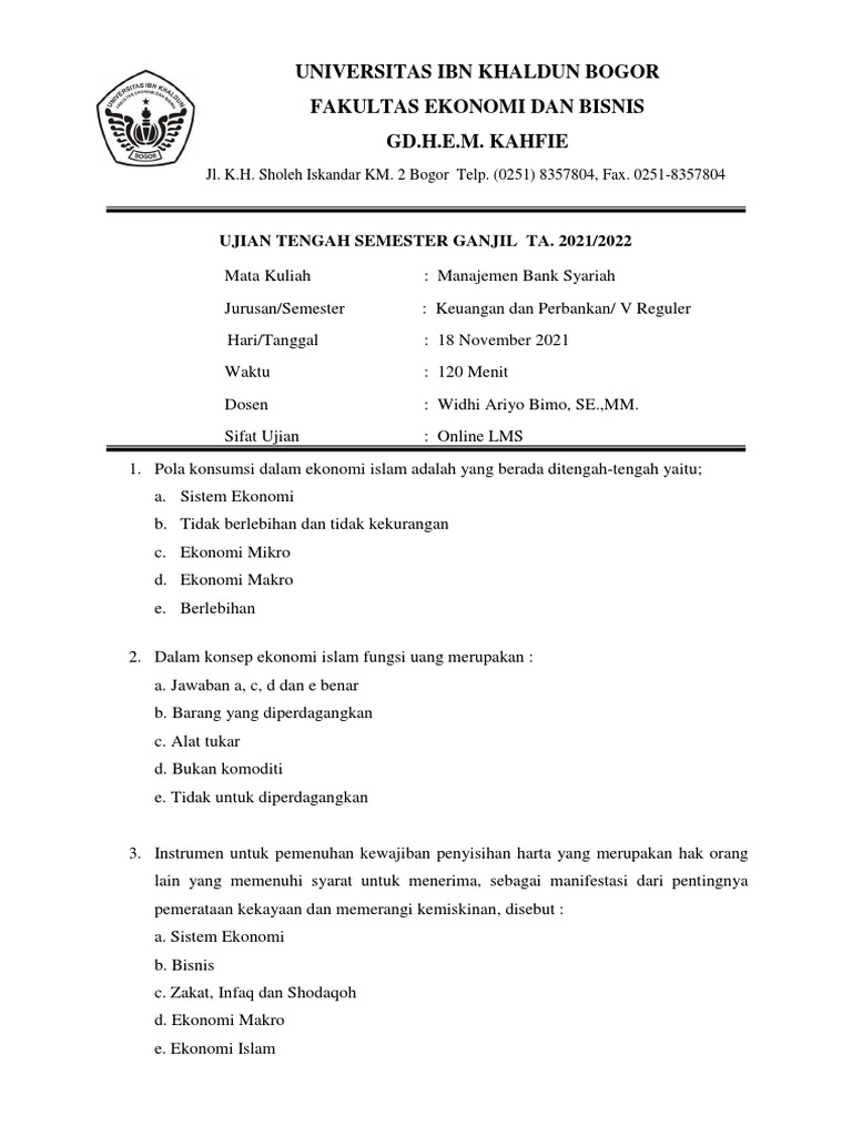 Soal UTS, M Bank Syariah 2021-2022 Ganjil | PDF | Pengelolaan Keuangan & Uang | Hukum