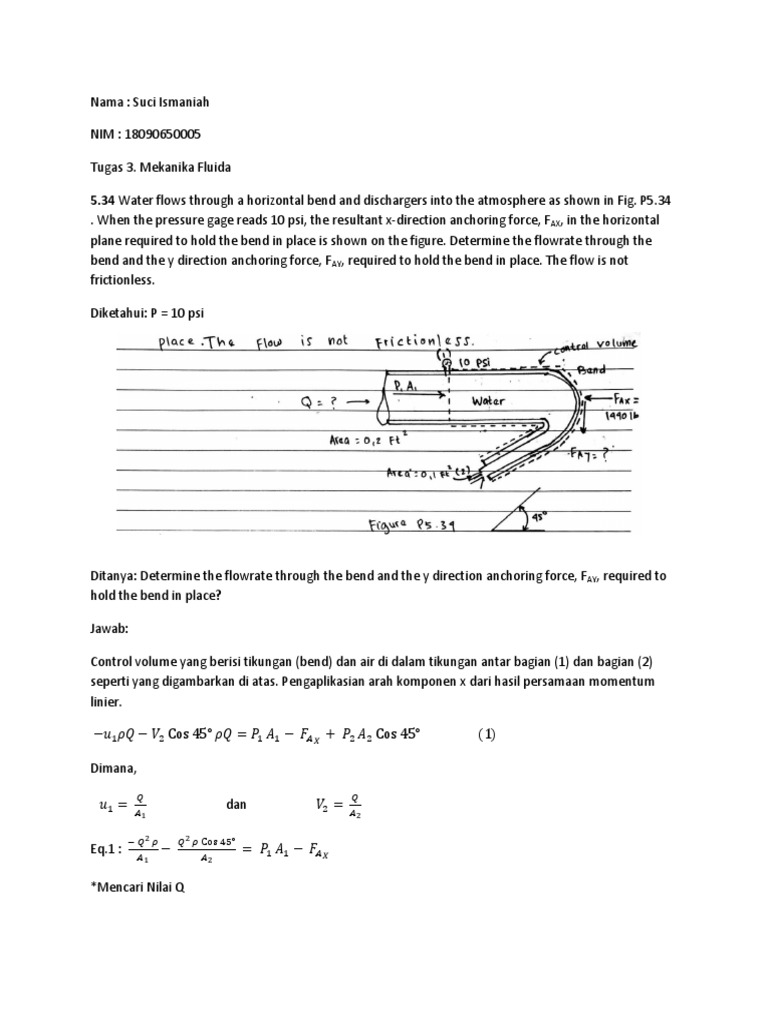 Determine flowrate and anchoring force for horizontal pipe bend | PDF