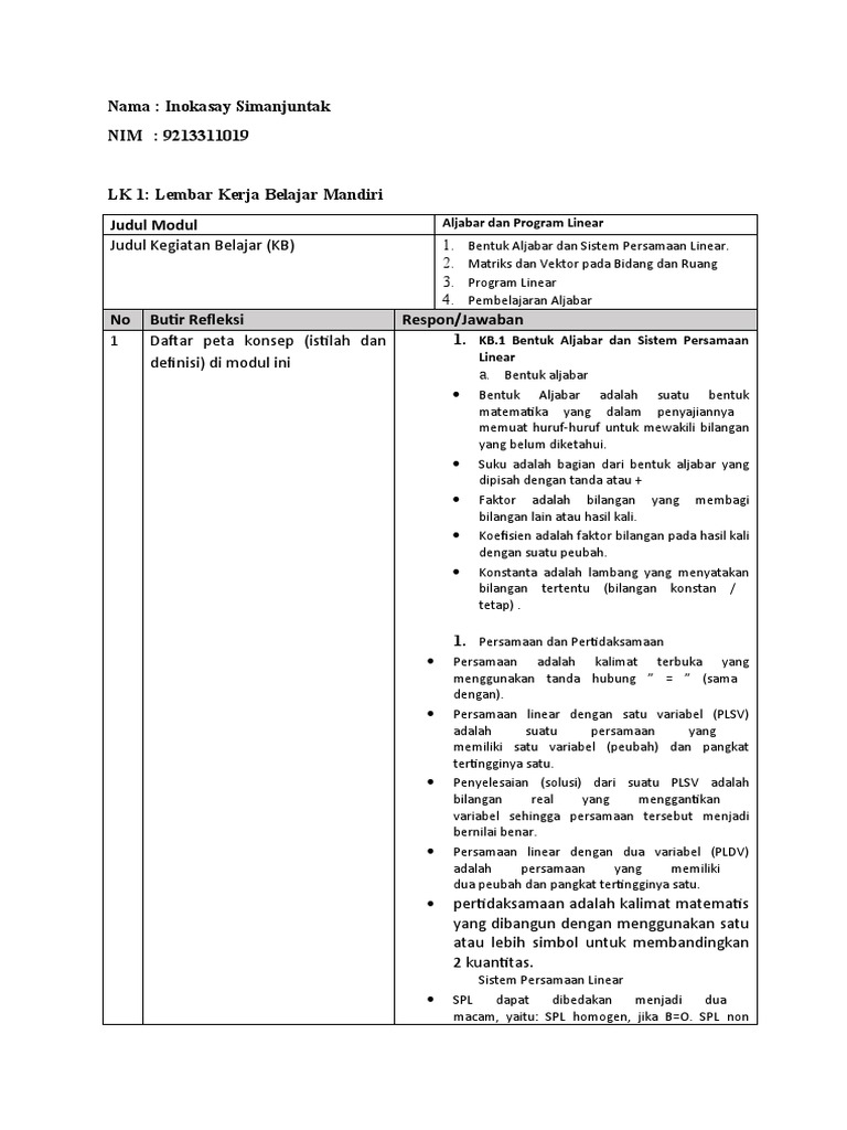 LK 1 - Modul 2 Bahan Ajar Aljabar Dan Program Linear | PDF