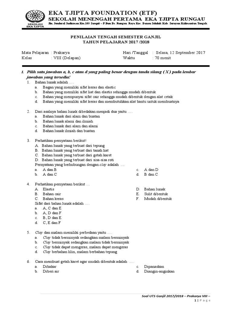 Soal UTS Prakarya Kelas VIII 2017 | PDF