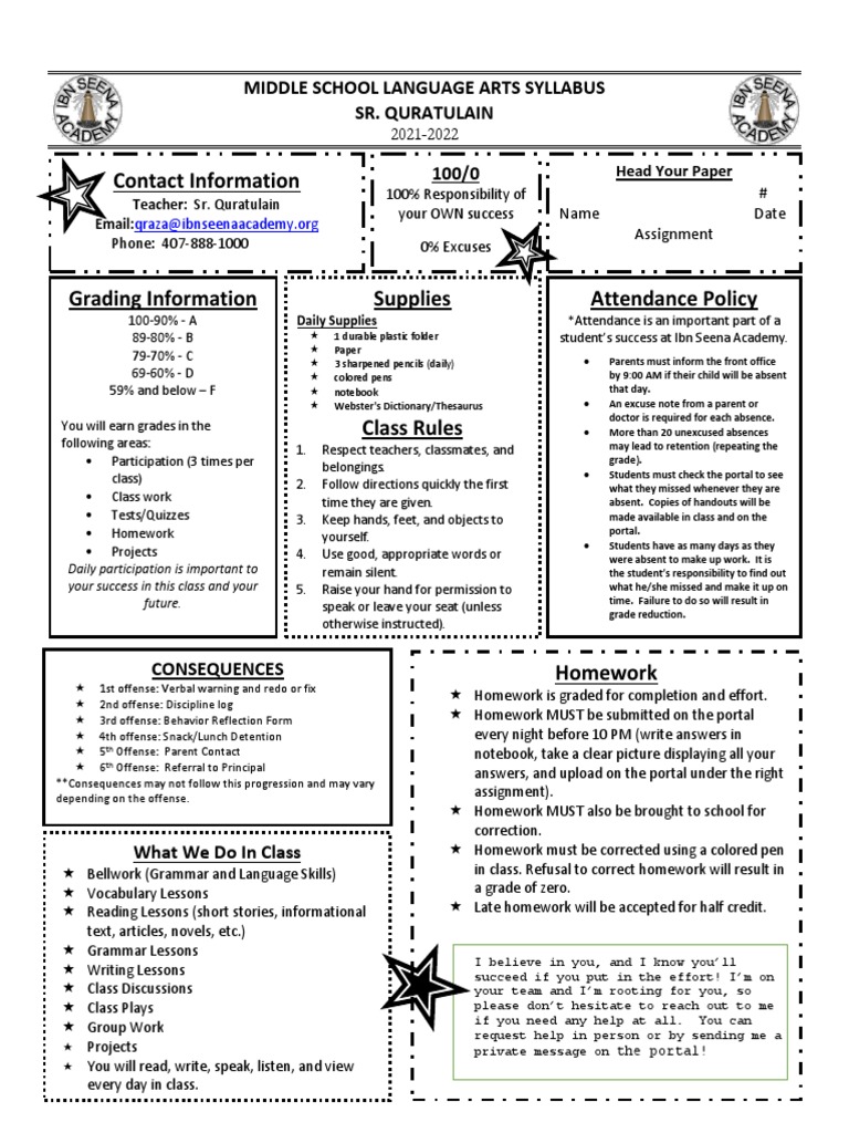 Middle School Language Arts Syllabus | PDF | Homework