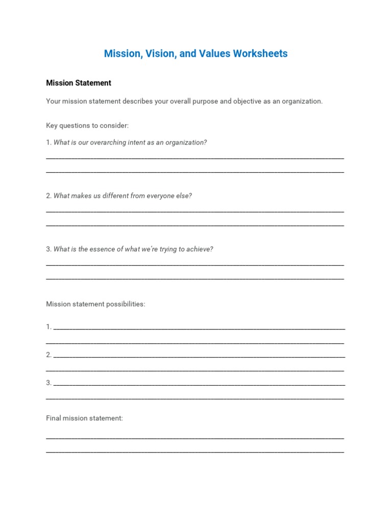 Mission Vision Values Worksheet | PDF | Cognition | Business