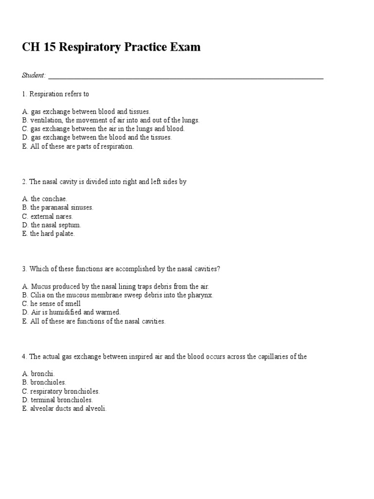 CH 15 Respiratory Practice Exam: Student | PDF | Respiratory System | Lung
