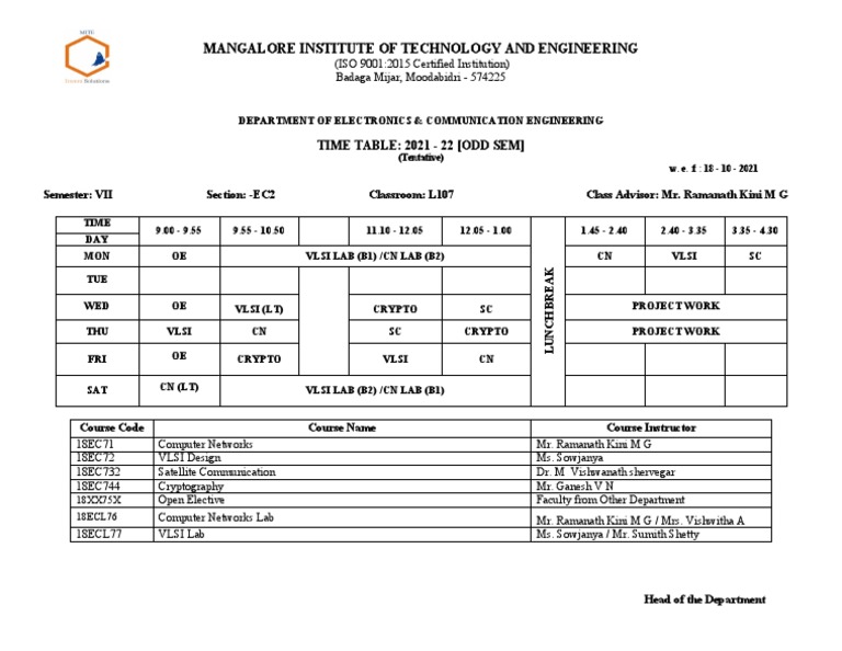 Mangalore Institute of Technology and Engineering: Time Table: 2021 - 22 (Odd Sem) | PDF ...