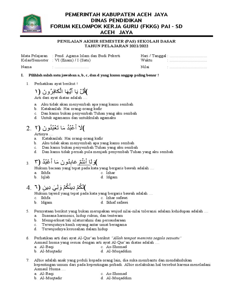 Soal KKG PAI... PAS Semt. 1 Kelas 6 | PDF