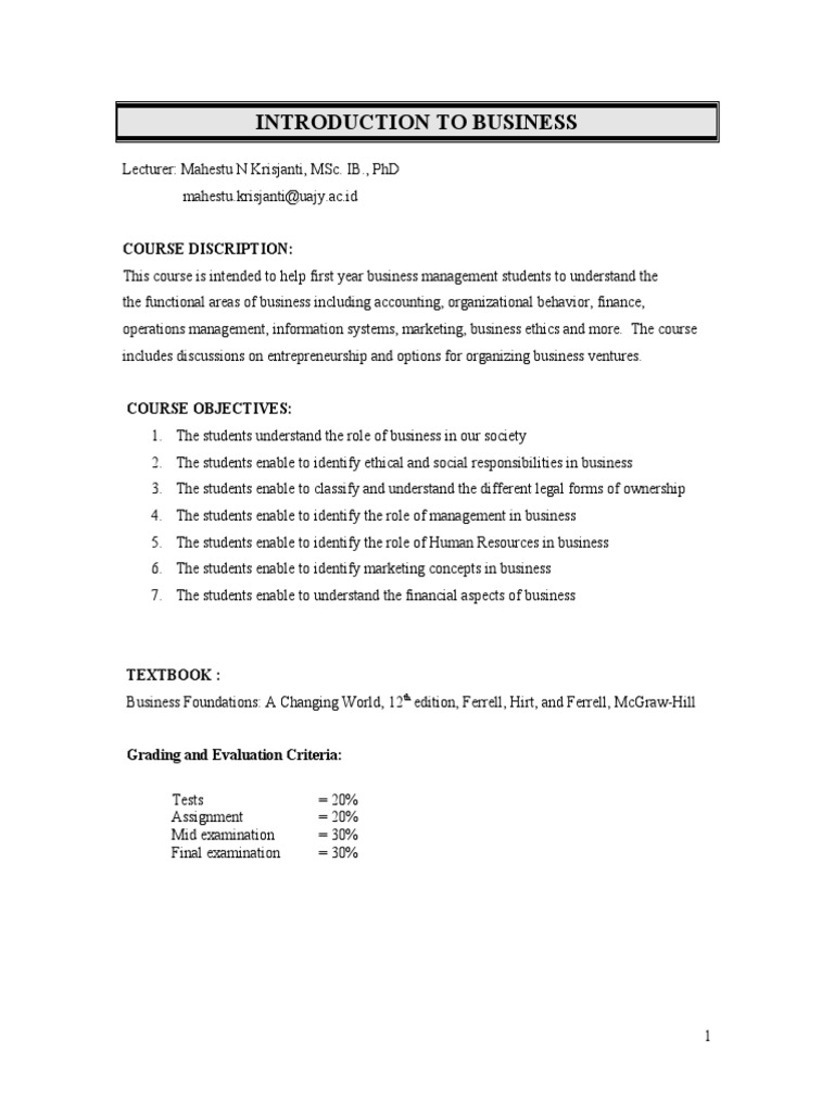 Syllabus - Introduction To Business - 2020 | PDF | Business | Marketing