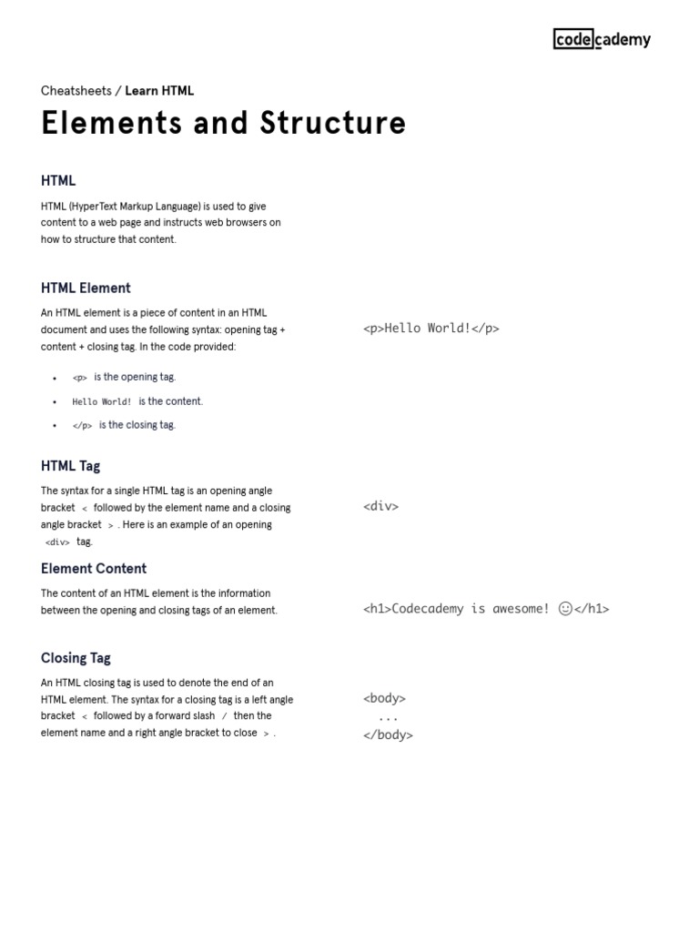 Learn HTML - Elements and Structure Cheatsheet - Codecademy | PDF ...
