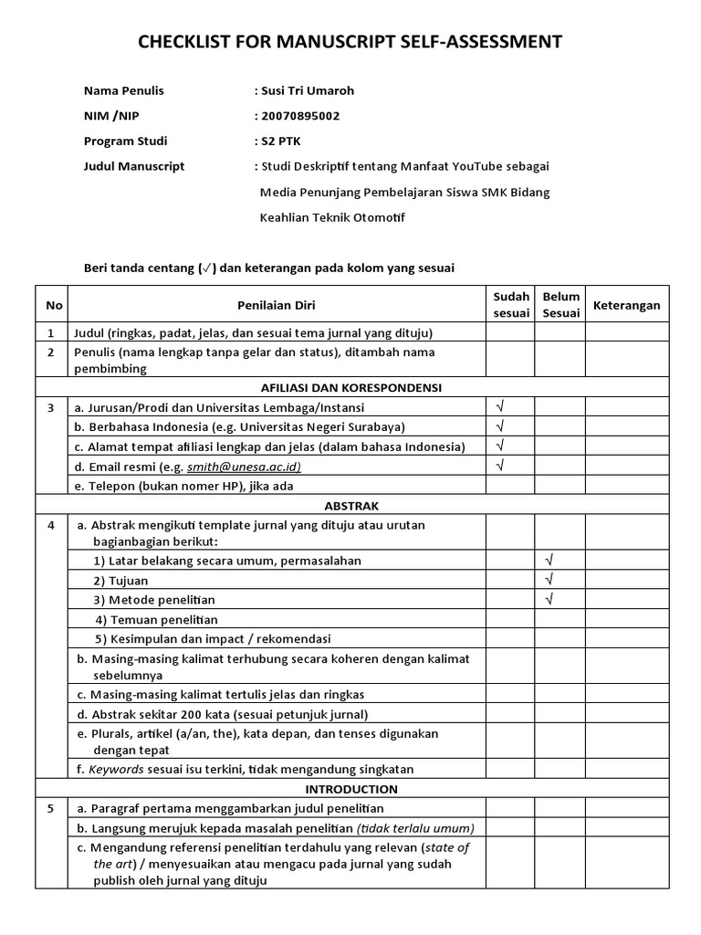 Checklist Self-Assessment | PDF