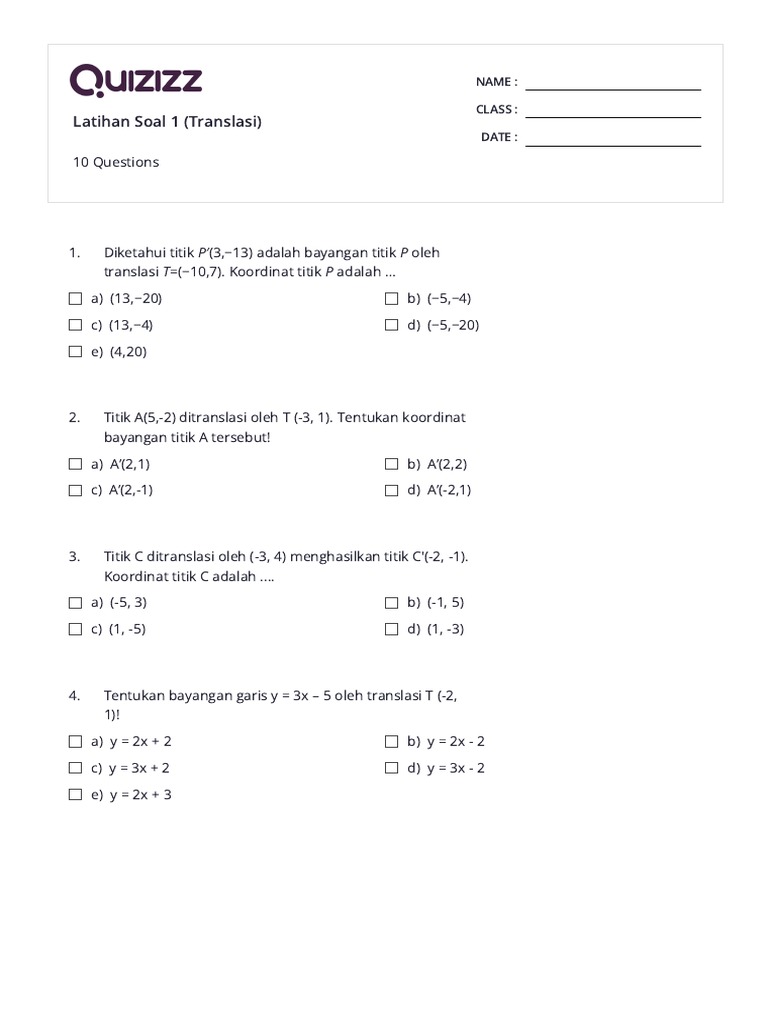 Latihan Soal 1 (Translasi) - Print - Quizizz | PDF