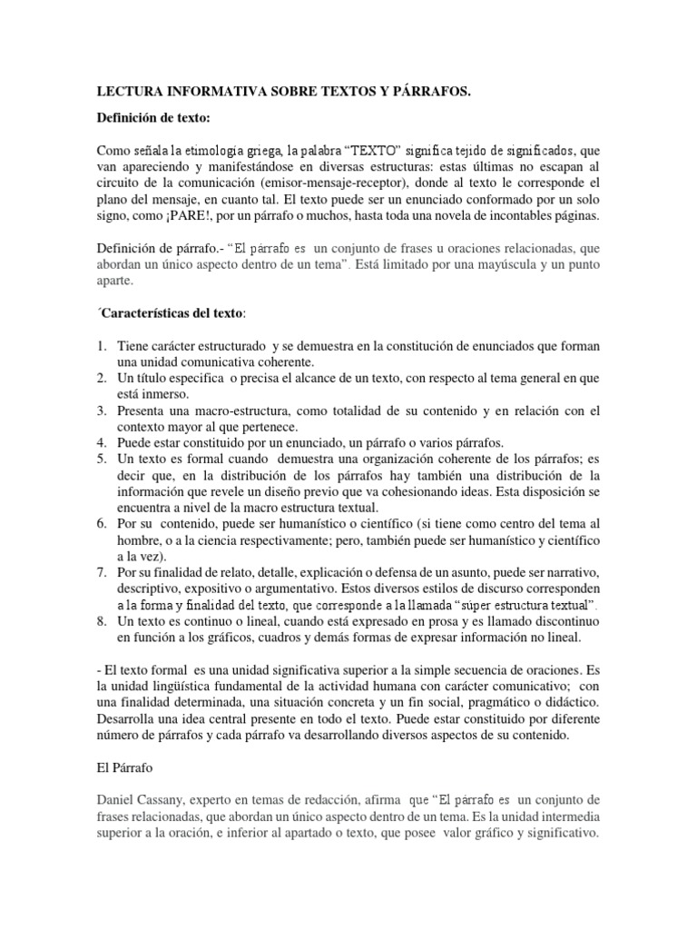 Textos y Párrafos | PDF | Oración (Lingüística) | Párrafo