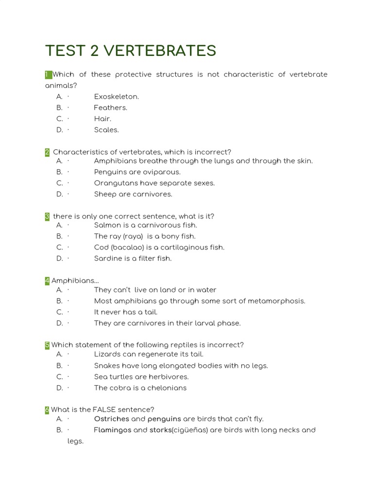 Test 2 Vertebrates | PDF