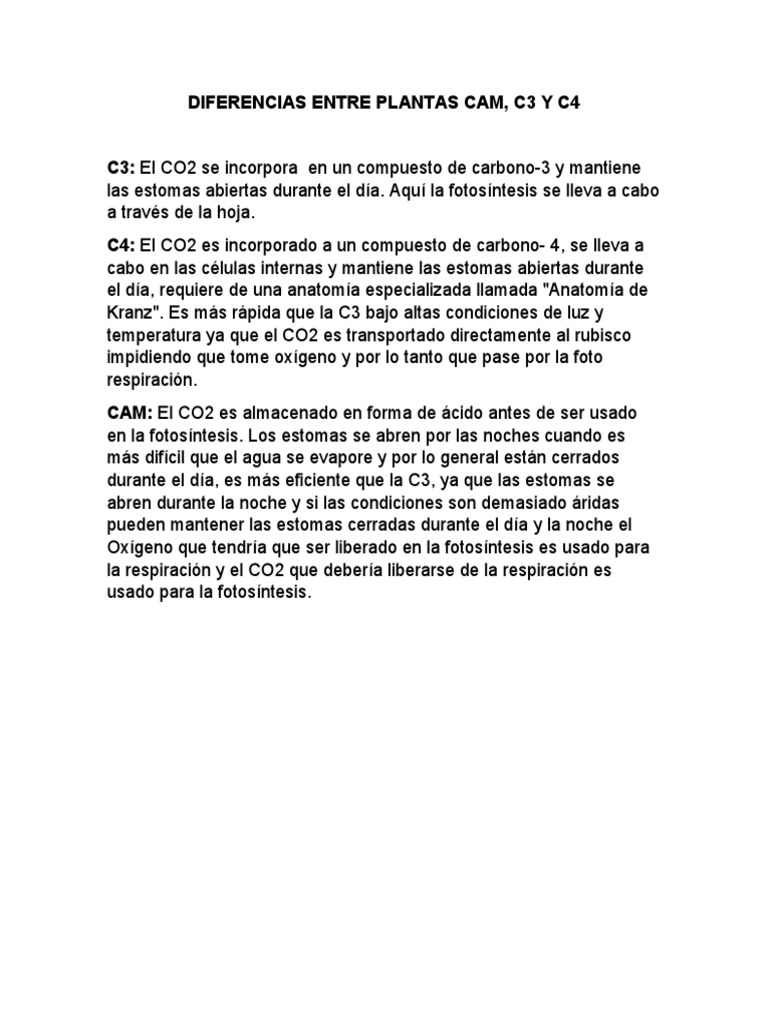 DIFERENCIAS ENTRE PLANTAS CAM, C3 y C4 | PDF