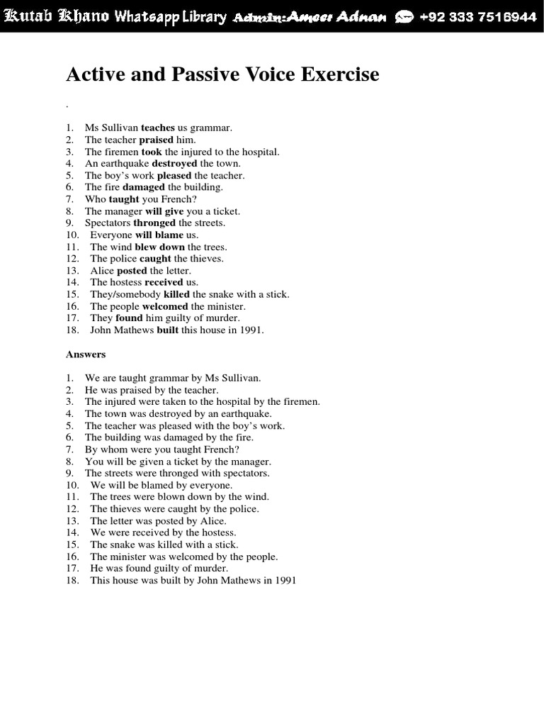 Active and Passive Voice Exercise: Answers | PDF