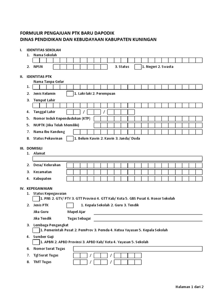 Form Ajuan PTK Baru Dapodik Kab. Kuningan | PDF