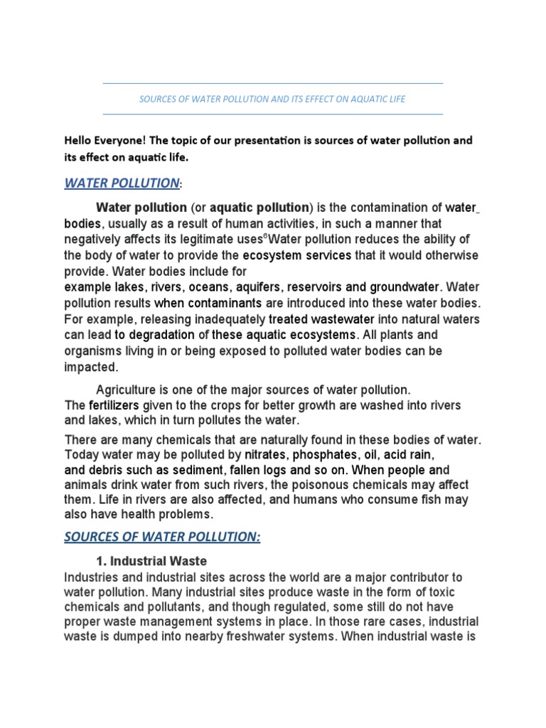 Sources of Water Pollution and Its Effect On Aquatic Life | PDF | Water ...