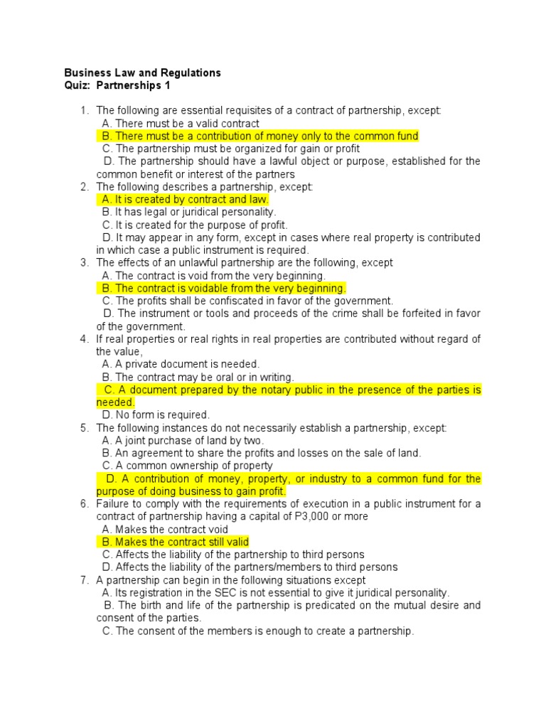 Business Law and Regulations Quiz: Partnerships 1 | PDF | Partnership ...