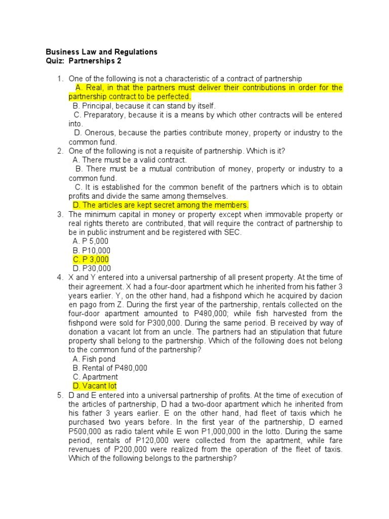 Business Law and Regulations Quiz: Partnerships 2 | PDF | Partnership ...