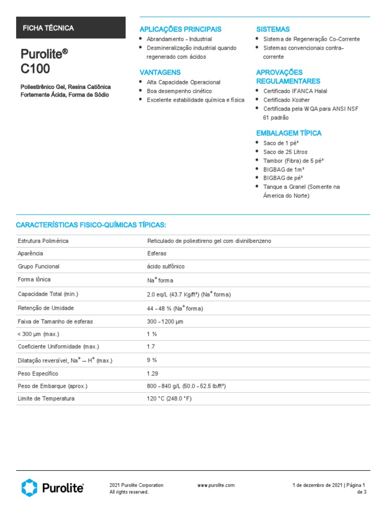 Purolite C100: Ficha Técnica | PDF | Quantidade | Engenharia de Processos