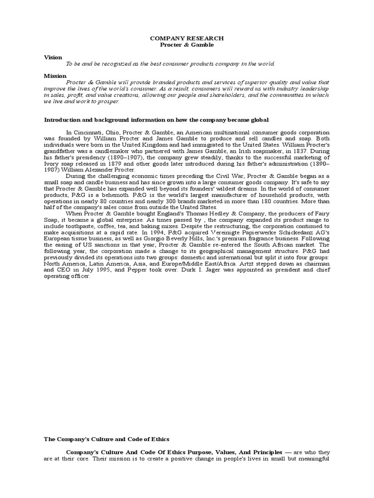 Company Research Procter & Gamble Vision | PDF | Procter & Gamble ...