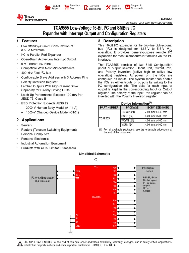 Tca9555 Low-Voltage 16-Bit I C and Smbus I/O Expander With Interrupt ...