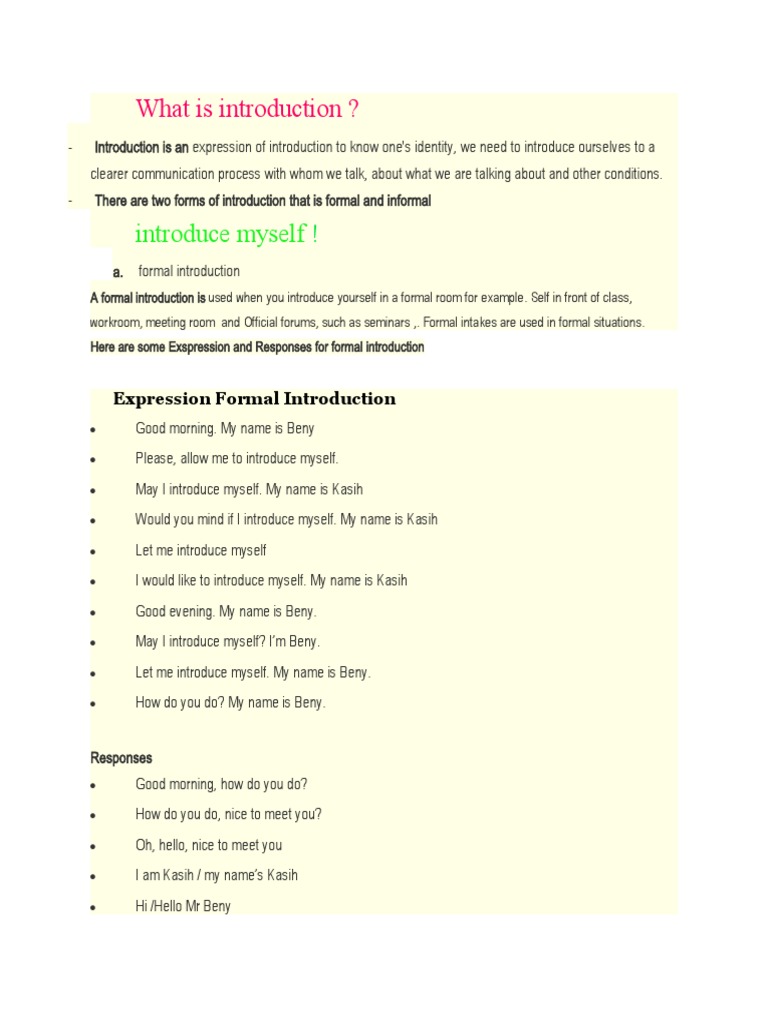 What Is Introduction Introduce Myself Pdf Language Arts