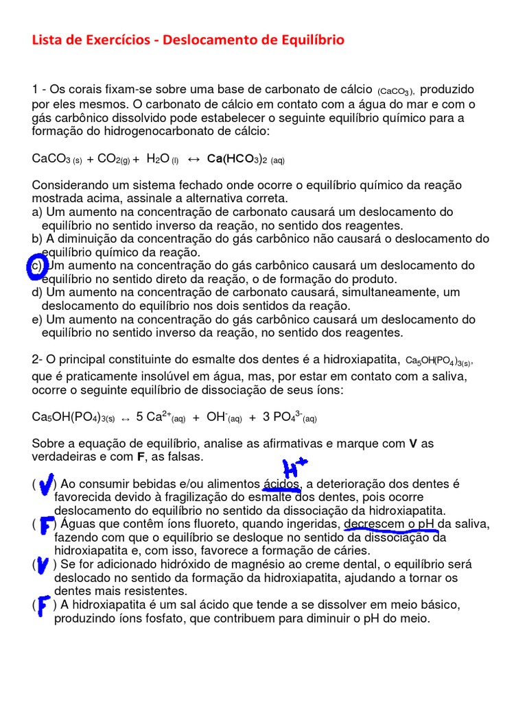 Lista De Exercícios Deslocamento De Equilíbrio 2 Pdf Equilíbrio