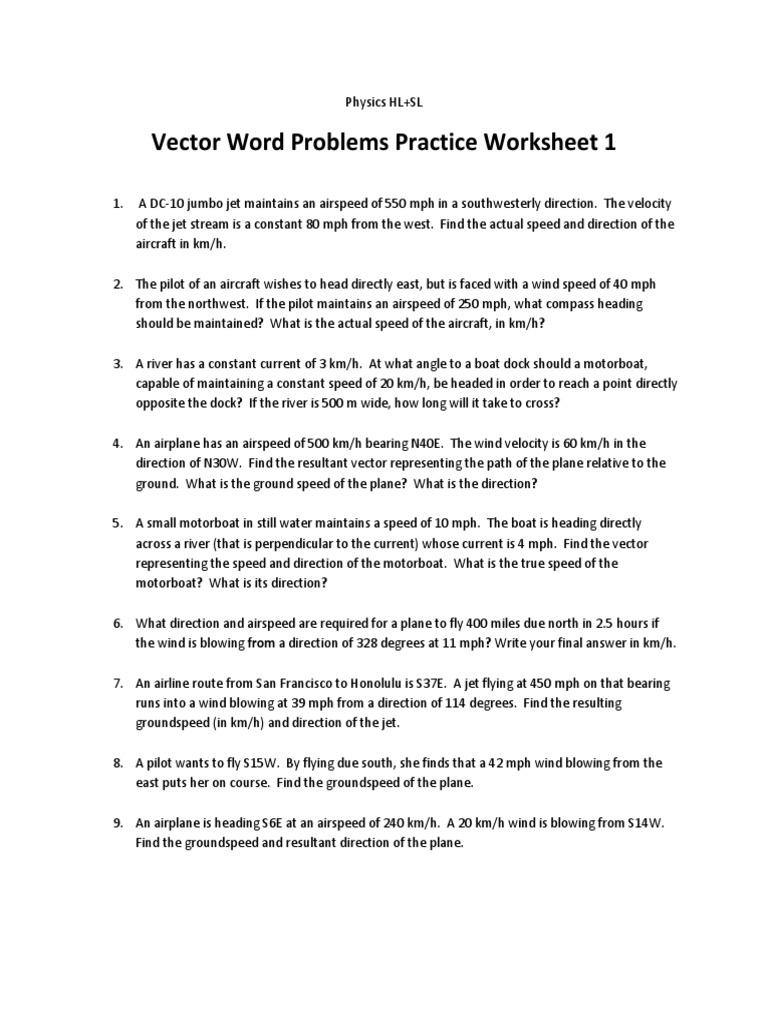 Vector Word Problems Practice Worksheet | PDF