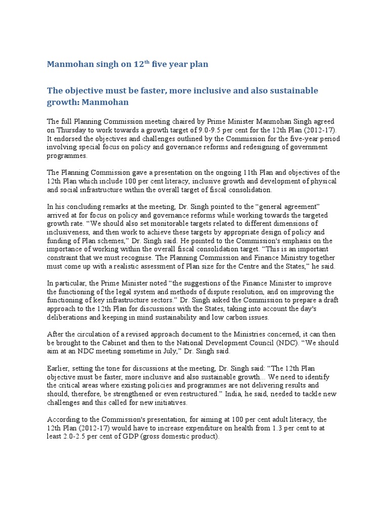 Manmohan Singh On 12 Five Year Plan | PDF | Economic Growth | Economies