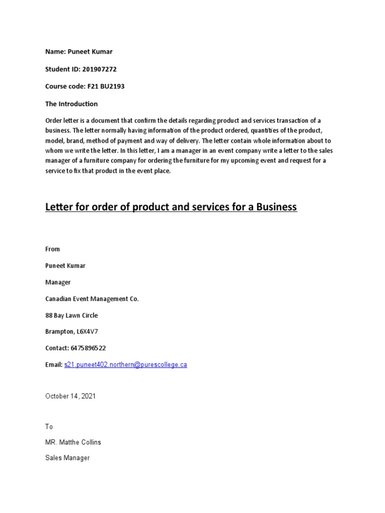Letter For Order of Product and Services For A Business | PDF