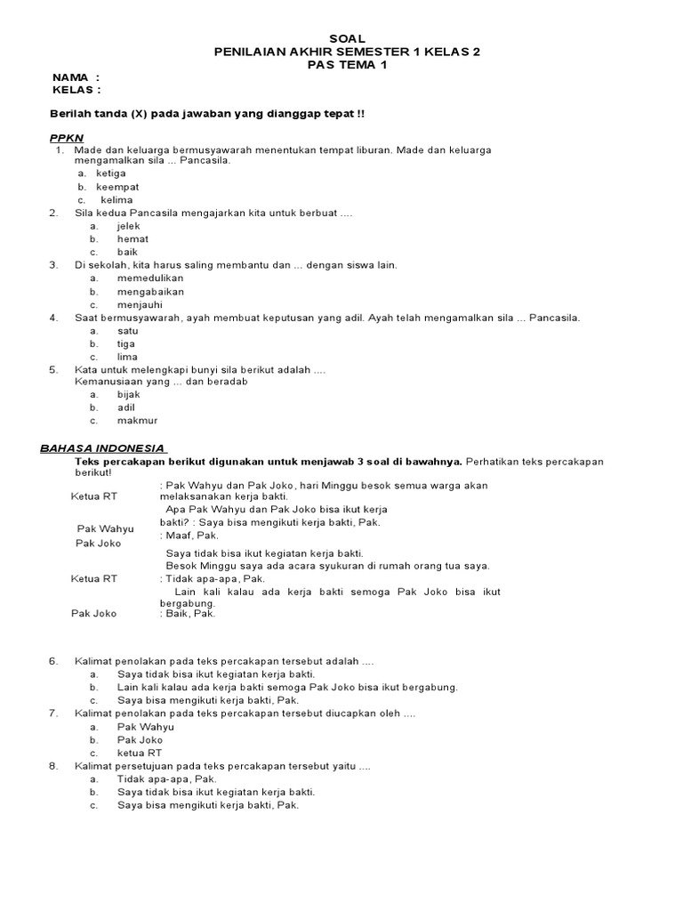 SOAL Kelas 2 | PDF | Seni & Disiplin Bahasa | Griya & Taman