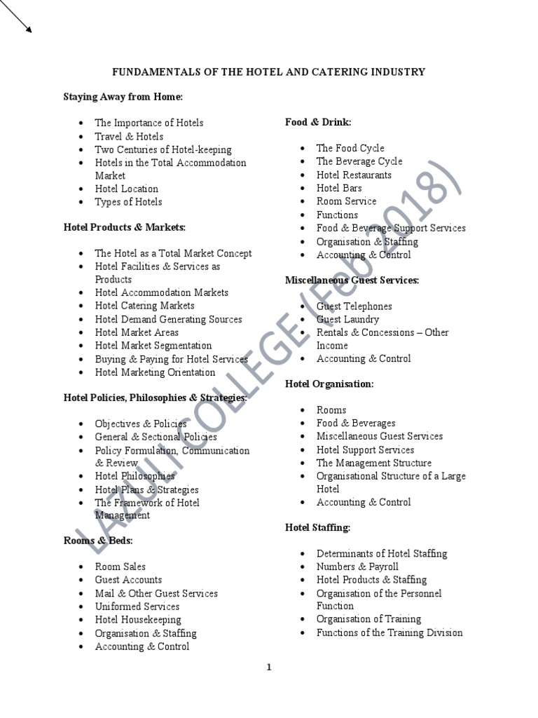 Fundamentals of The Hotel Notes 1 | PDF | Hotel | Menu