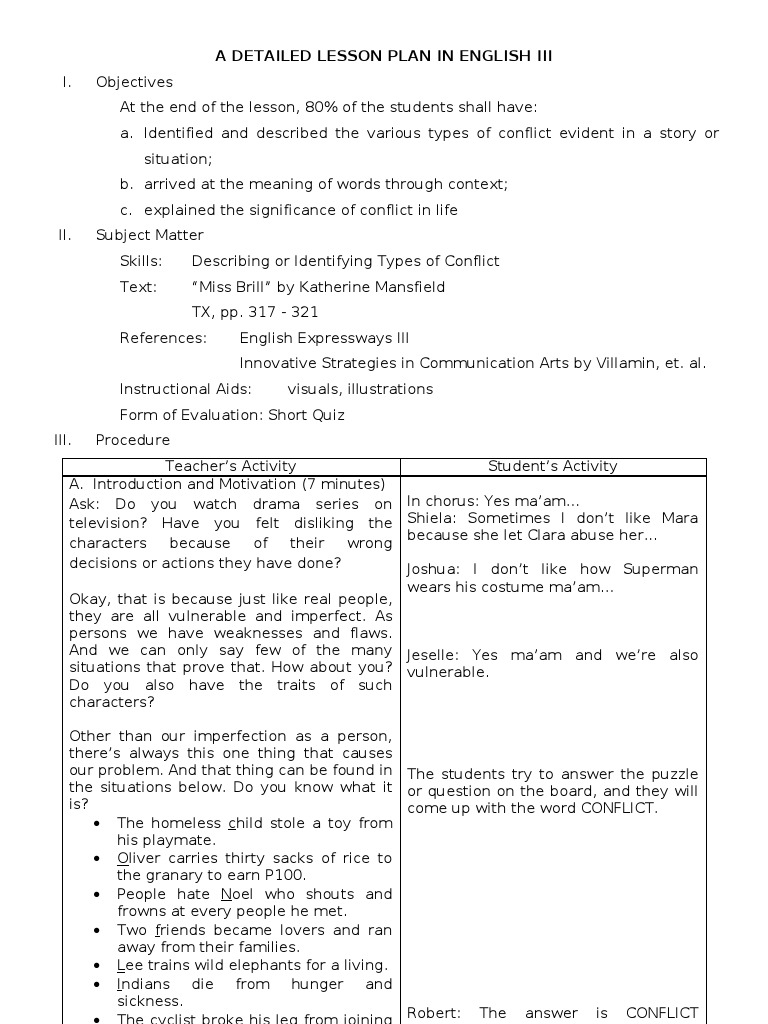 English III Lesson Plan: Types of Conflict | PDF | Lesson Plan ...