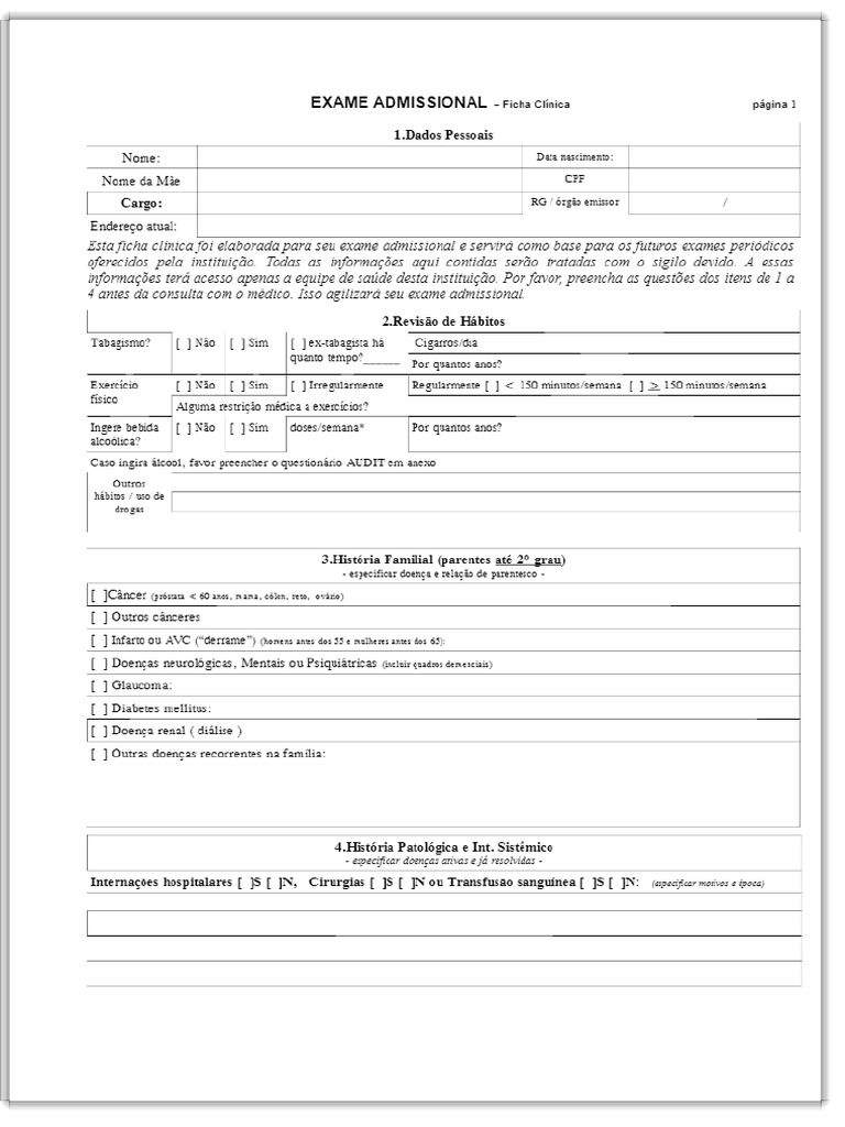 EXAME ADMISSIONAL Ficha Clínica Página 1 - PDF Download Grátis | PDF