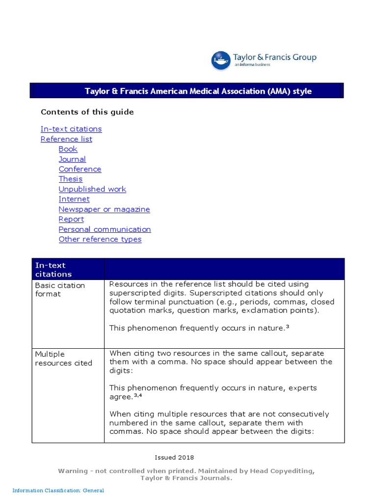 Taylor & Francis American Medical Association (AMA) Style: Contents of ...