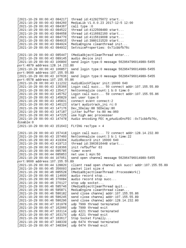 Log file documenting initialization and shutdown of an audio processing system | PDF | Network ...