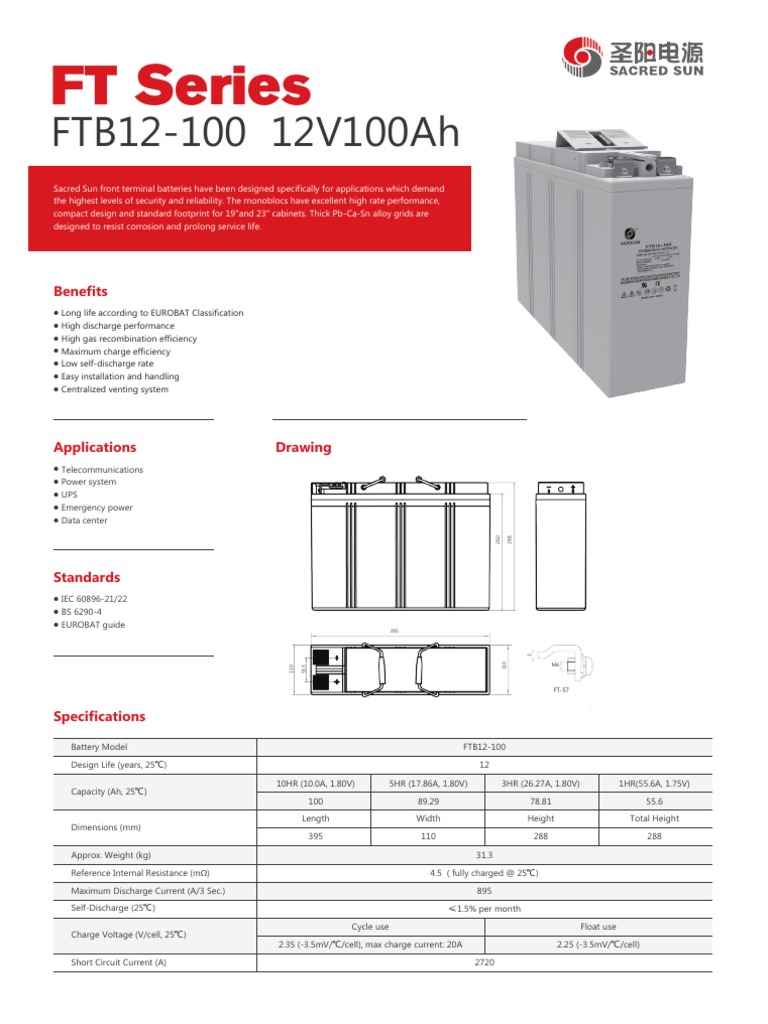 FT Series: FTB12-100 12V100Ah | PDF | Electrical Components | Electricity