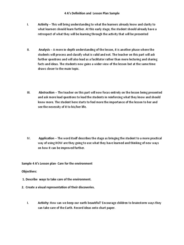4 A's Definition and Lesson Plan Sample | PDF | Lesson Plan | Pedagogy
