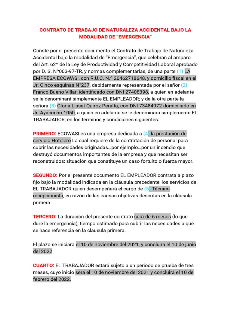 Contrato de Trabajo de Naturaleza Accidental Bajo La Modalidad de | PDF | Derecho laboral | Gobierno