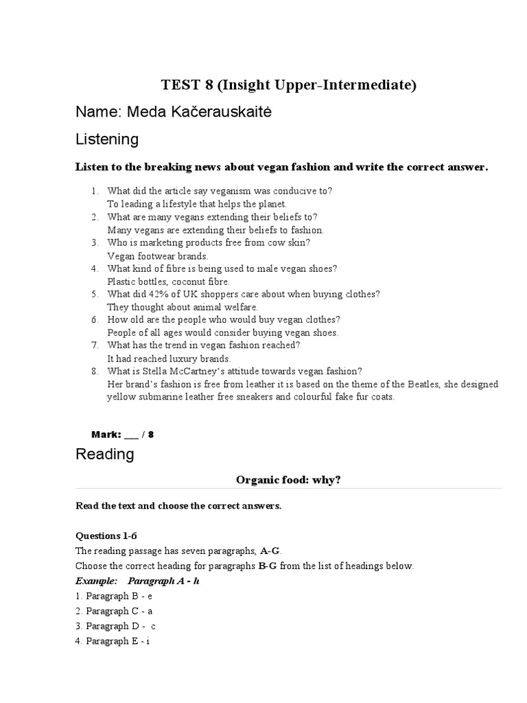 TEST 8 Insight Upper-Intermediate | PDF | Agriculture | Organic Foods